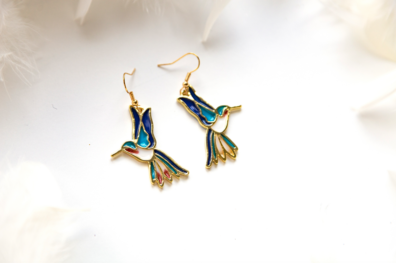 Hummingbird Earrings, Minimalist Glass Earrings, Funky Gold Bird Jewel ...