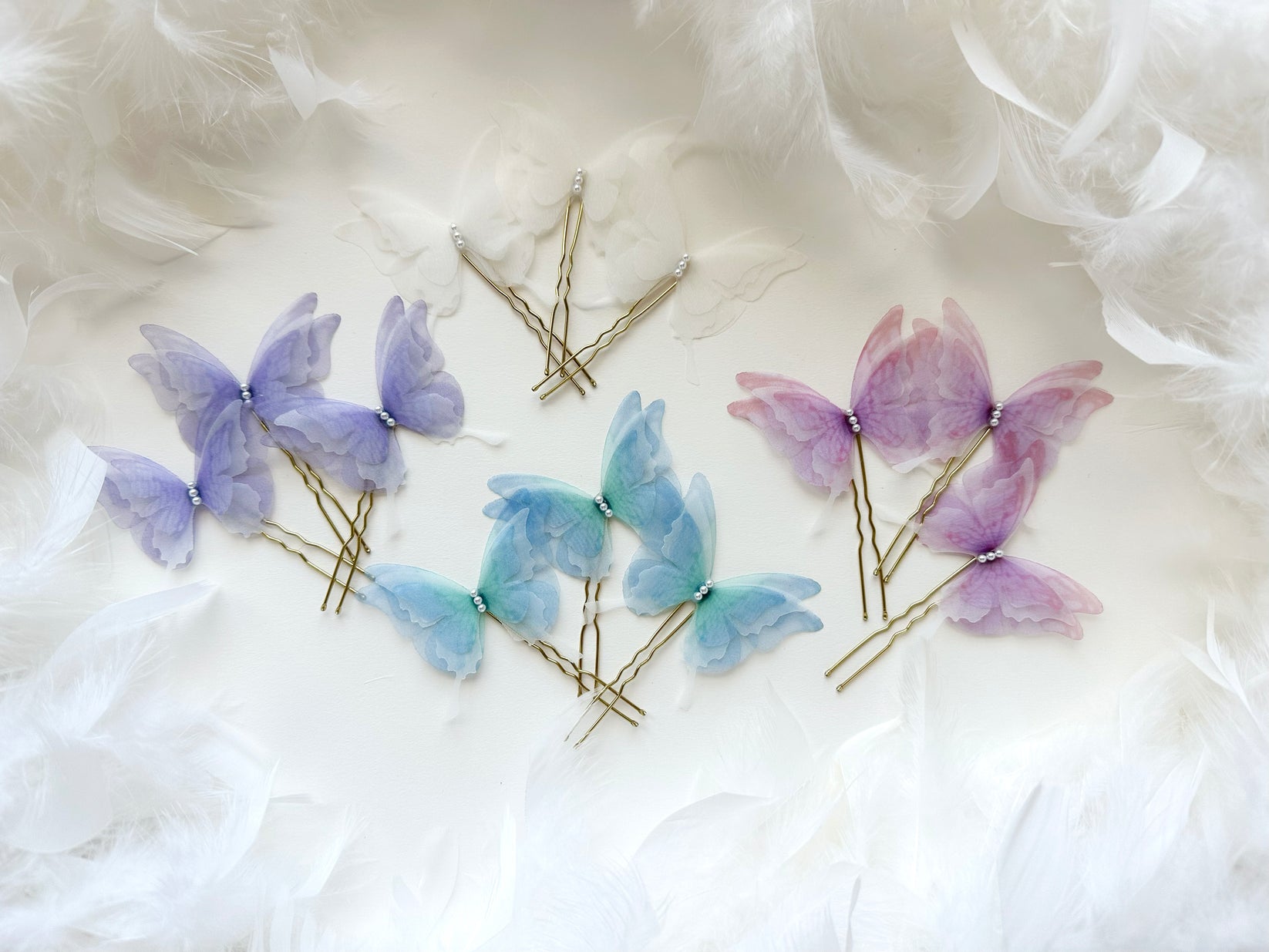 SET: "Flower Girl" of 3 Silk Organza Butterfly Hairpins, Butterfly Cli ...