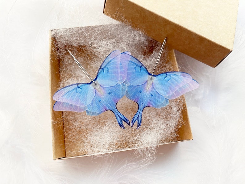 Moon luna moth earrings with 3D wings hand made of silk with unique bl ...